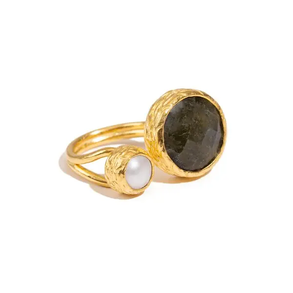 EBRU JEWELRY Mystic Duo Labradorite And Pearl Gold Adjustable Ring - Gold/black/white