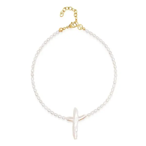 NIALAYA JEWELRY Pearl Cross Choker - White/gold