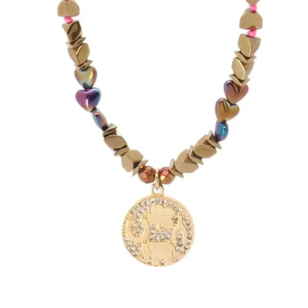 EBRU JEWELRY Good Luck Symbol Pendant Hematite Beaded Necklace - Gold