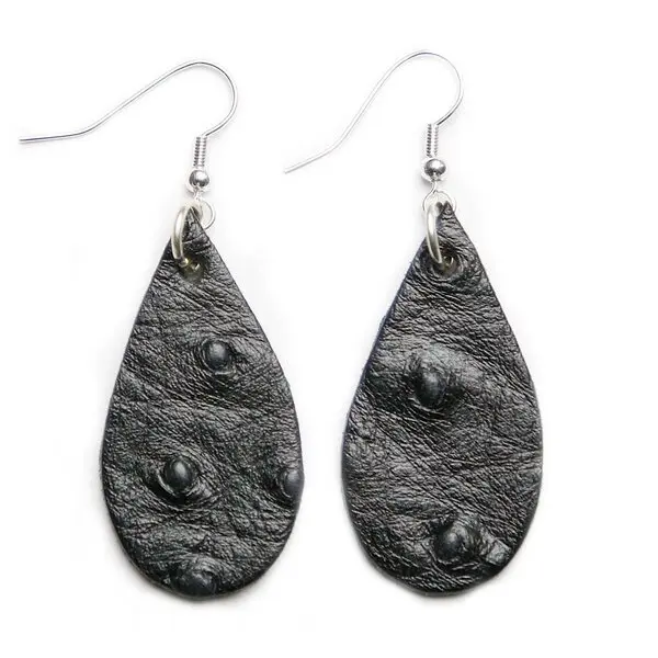 N'DAMUS LONDON Auricle Ostrich Print Leather Drop Earrings - Black