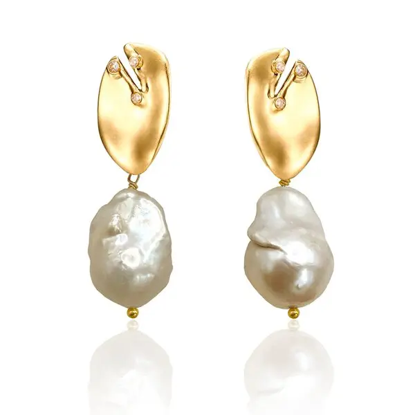 RARE MATTERS JEWELRY White / Gold Baroque Pearl Statement Earrings