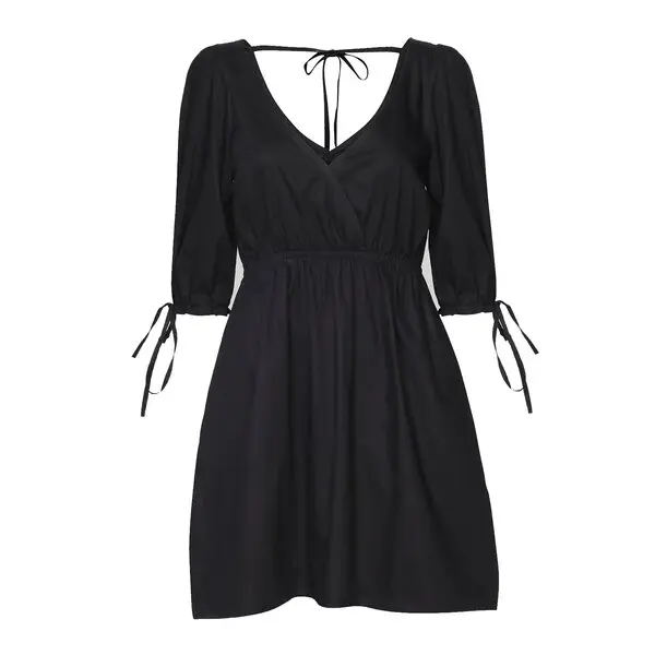 REISTOR Gathered Elbow Sleeve Short Cotton Dress - Black
