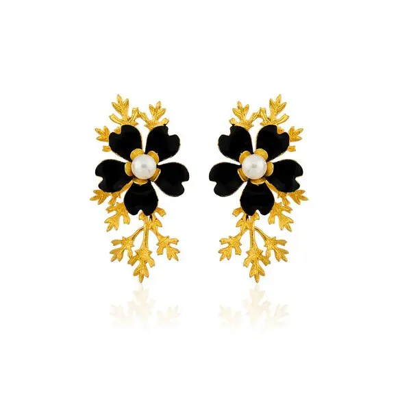 MILOU JEWELRY Flower Stud Earrings With Gold Branches - Black