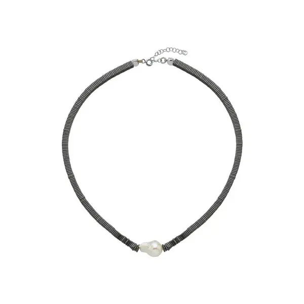 LINYA JEWELLERY Silga Baroque Pearl & Hematite Necklace - Silver