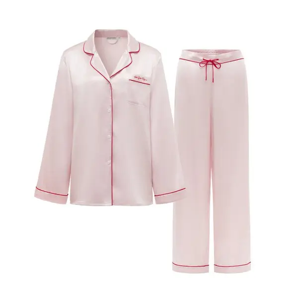 Not Just Pajama Little Heart Classic Silk Pajama Long Set Rose - Pink