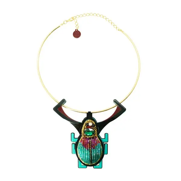 GISSA BICALHO Scarab Embroidered Acrylic Necklace - Green/black