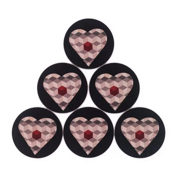 E. INDER DESIGNS Orange / Black / Red Coaster Set Of Six Heart Design In Glamorous Black Pink High Gloss Melamine. Heat Resistant - Orange/black/red