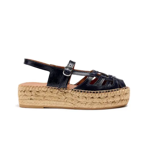 NAGUISA Thalis Navy Gloss Patent Leather Espadrille Platform Sandals - Blue