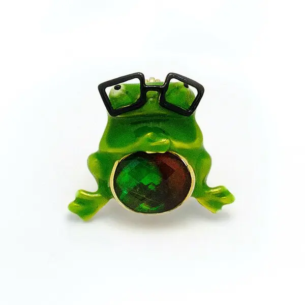 WJY STUDIO LONDON Frog Enamel Ammolite Gemstones Pendant Brooch - Green