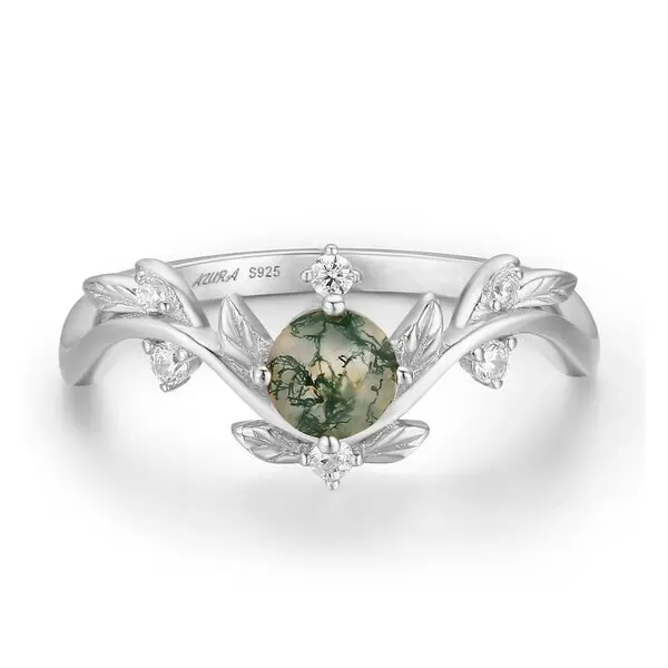 AZURA JEWELRY NEW YORK Willow Moss Agate Leaf Ring - Silver