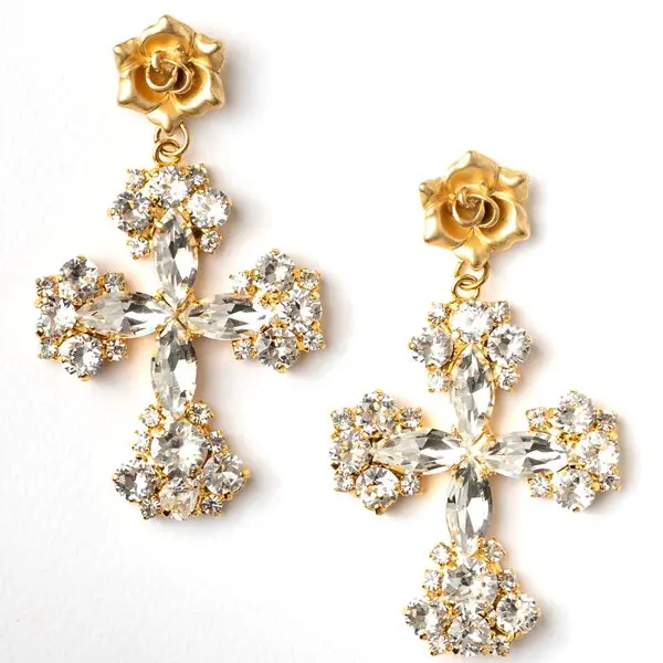 ACHALA HANDCRAFTED Crystal Cross Dangle Earrings With Rose Studs - Black/gold/blue
