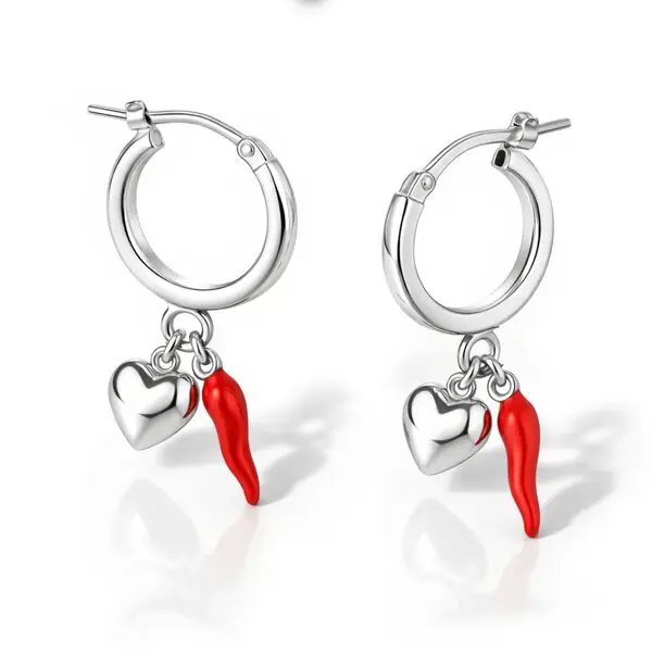 UNALOE Heart & Red Horn Hoop Earrings - Red/silver