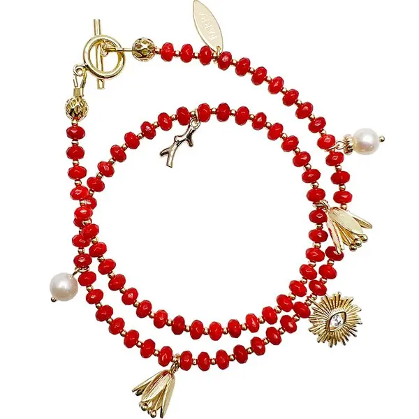 FARRA Beaded Bracelet With Evil Eye Charm - Red