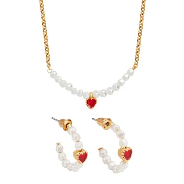 FABLE ENGLAND Love Heart Pearl Necklace And Hoop Earring Set - Gold