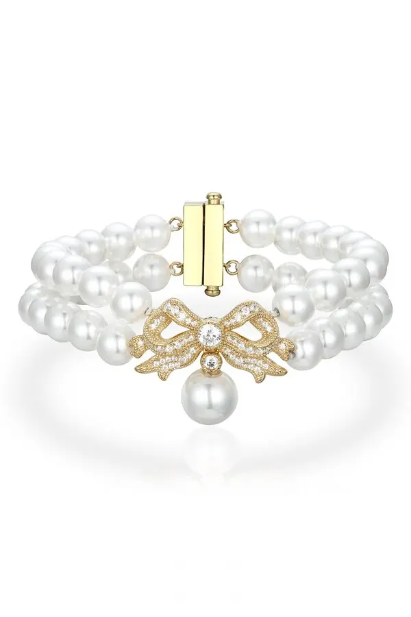 SANTINNI Sissi Double Strand Pearl Bracelet With Bow - Gold