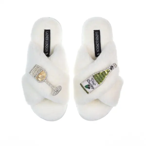 LAINES LONDON Classic Slippers With Brooches - White