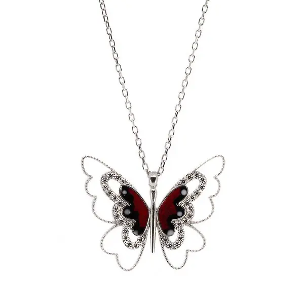 EBRU JEWELRY Butterfly Pendant Necklace - Black/red/silver