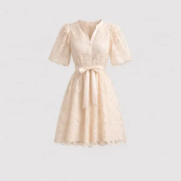 TANTRA SPAIN SL Lace Shirt Dress With Sequins, Pearl Buttons And Belt - Beige