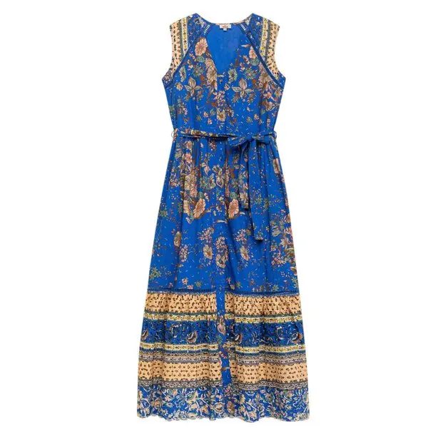 NIZA Floral Print Maxi Dress With Tie Waist - Blue