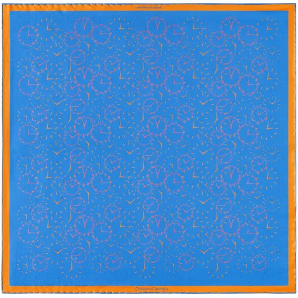 OTWAY & ORFORD Chronos' Watch Dial Design Silk Pocket Square In Mid With Hot Pink & Orange. Full-size - Blue