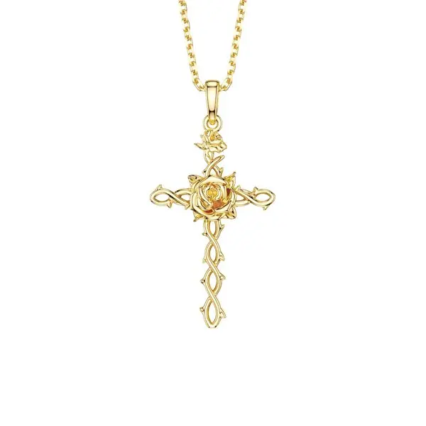 VANIMY Floral Cross June Rose Birth Flower Necklace - Gold