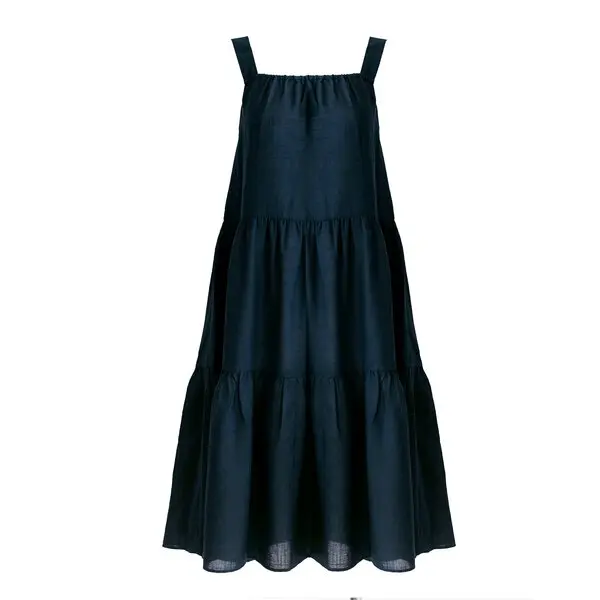 ZENZEE Cotton Linen Gathered Strap Tiered Dress - Blue