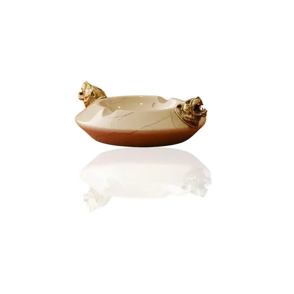 MARLETH Neutrals Round Marble Cigar Ashtray With Dual Tiger Head Detail & Handmade - Yellow