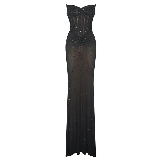 MISS CIRCLE NEW YORK Fatima Crystal Corset Mermaid Maxi Dress - Black