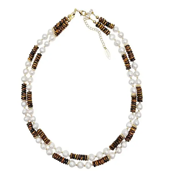 FARRA Freshwater Pearls And Tiger Eye Double Layer Necklace - Brown/white