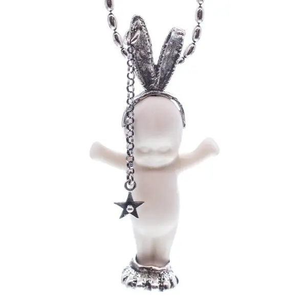 GEM KINGDOM Happy Baby Rebel Rabbit Necklace - Silver/white