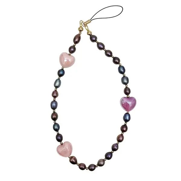 FARRA Purple Freshwater Pearls With Hearts Phone Strap - Pink