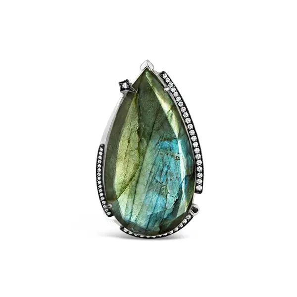 SALLY SKOUFIS Surrender Ring With Natural Black Diamond And Labradorite In Platinum - Green/silver/blue