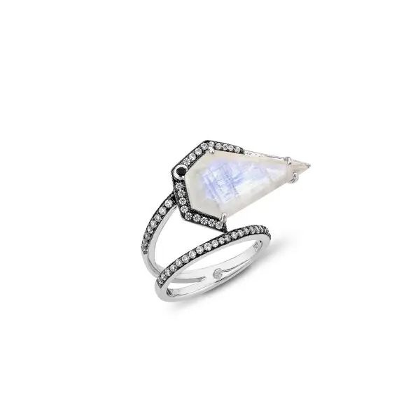 SALLY SKOUFIS Blade Ring With Black Diamond And Moonstone In Platinum - White/black/blue
