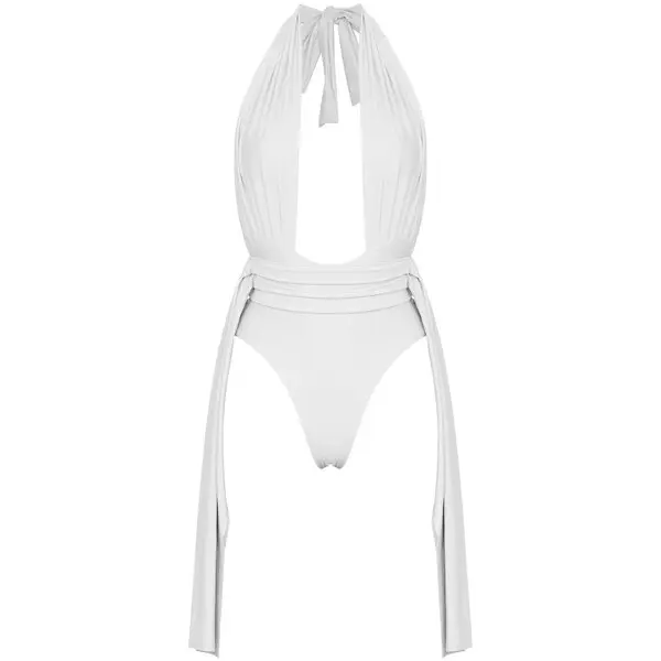 ANTONINIAS Plonger Deep Plunge Halter Neck One-piece Swimsuit With Decorative Belt - White