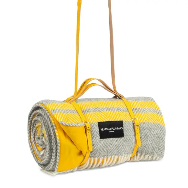HEATING & PLUMBING LONDON Pure New Wool Waterproof Picnic Blanket & Yellow With Long Yellow Leather Shoulder Strap - Grey