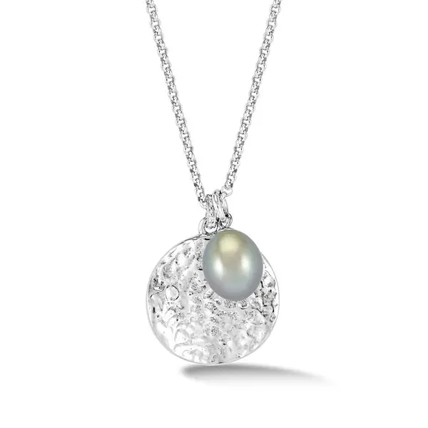 DOWER & HALL Hammered Disc & Freshwater Pearl Sterling Pendant - Silver