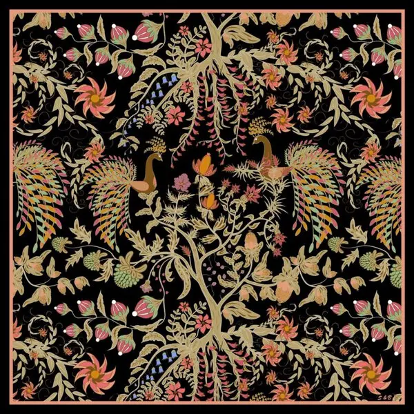 SILK AND BEARS Phoenix Garden Wool Silk Scarf – Hand-rolled Edge Botanical Heritage Wrap - Black