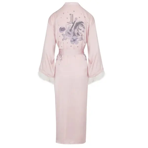 BLACK CAKE Country Western Glamour Dolly Satin Feather Accented Dressing Gown Robe - Black/pink