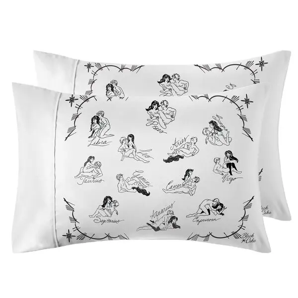 BLACK CAKE Organic Cosmic Love Zodiac Horoscope Astrology Bedding Pillow Cases- Set - White