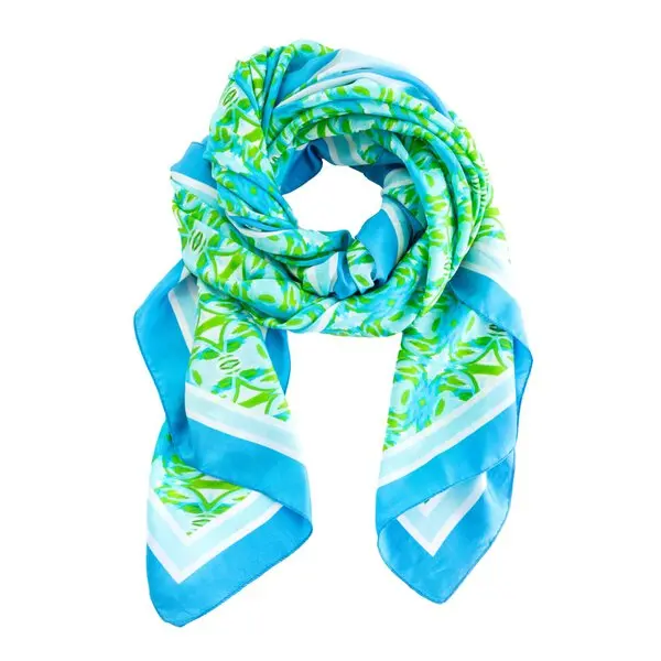 EVELYN & KATE Blue / Green Elegant All Silk Scarf, Georgia Mirror Pattern - Blue/green