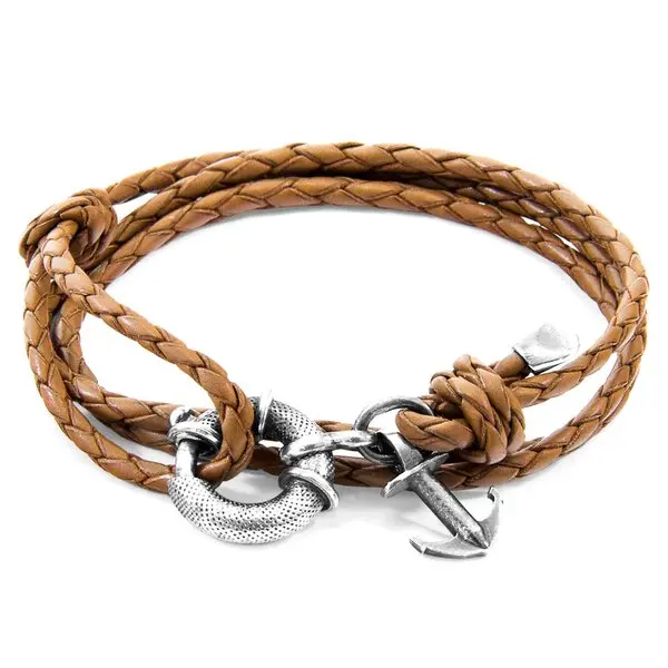 ANCHOR & CREW Braided Leather Bracelet With Sterling Silver Clasp - Silver/brown