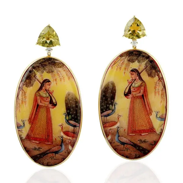 ARTISAN Picture Bakelite, Lemon Quartz, Diamond & 18k Yellow Earrings - Gold