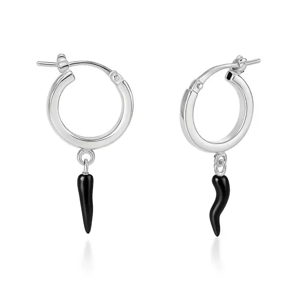 UNALOE Sterling Silver Hoop Earrings With Horn Pendant - Black/silver