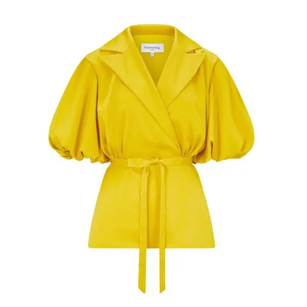 FEMPONIQ Draped Puff Sleeve Satin Blouse - Yellow