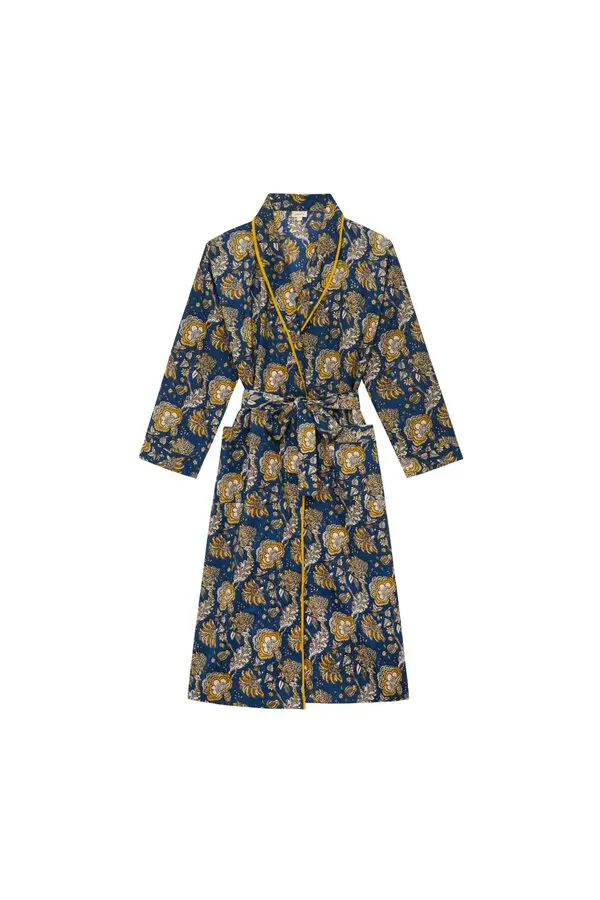 INARA Midnight Marigold Floral Cotton Robe - Blue