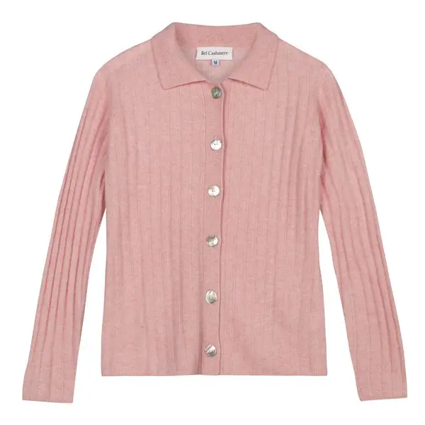 BEL CASHMERE Cashmere Ribbed Polo Cardigan - Pink