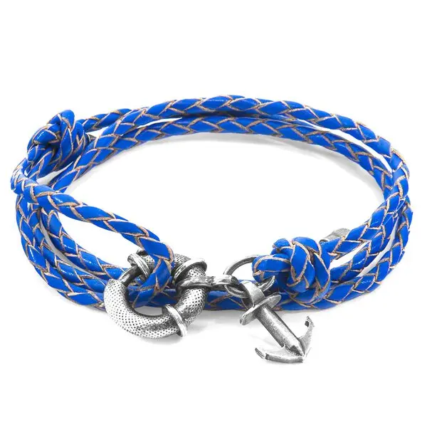ANCHOR & CREW Clyde Anchor Braided Leather Bracelet - Silver/blue