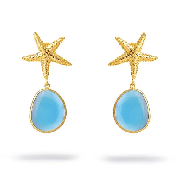 EBRU JEWELRY Ocean Star Cat Eye Dangle Earrings - Gold/blue