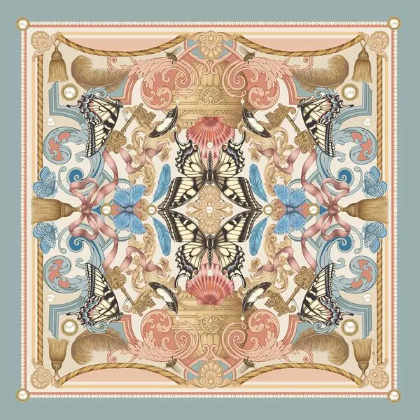 EMILY CARTER Blue / Pink The Baroque Butterfly Silk Scarf L - Blue/pink
