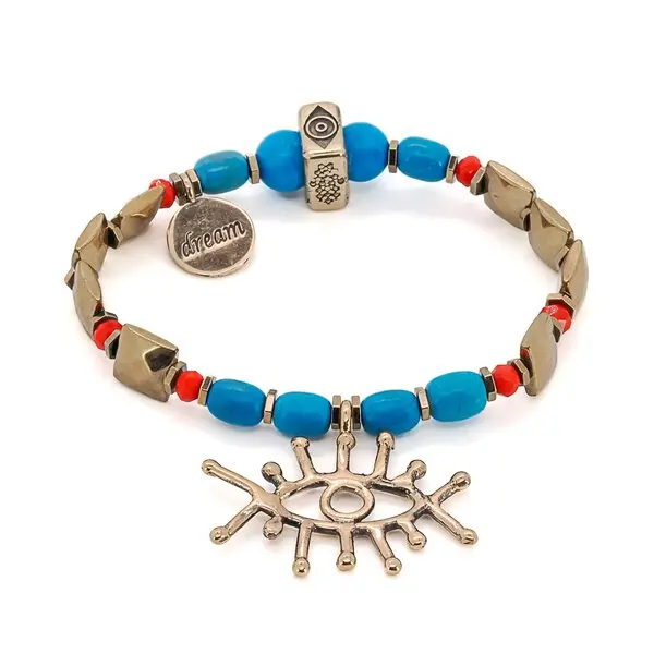 EBRU JEWELRY Turquoise Beaded Bracelet With Evil Eye And Dream Charms - Gold/blue